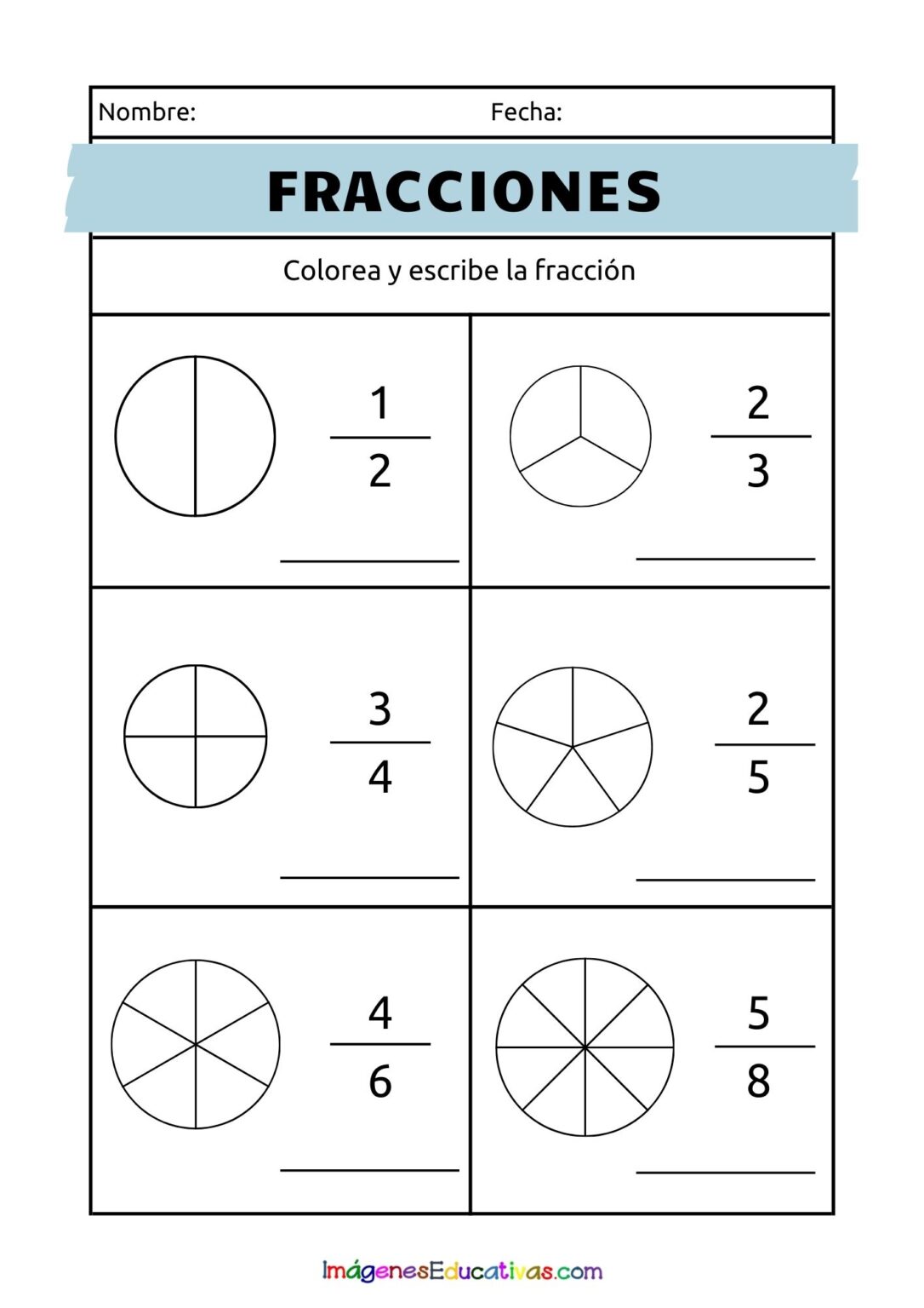 Fichas matemáticas: Colorea y escribe la fracción - Imagenes Educativas