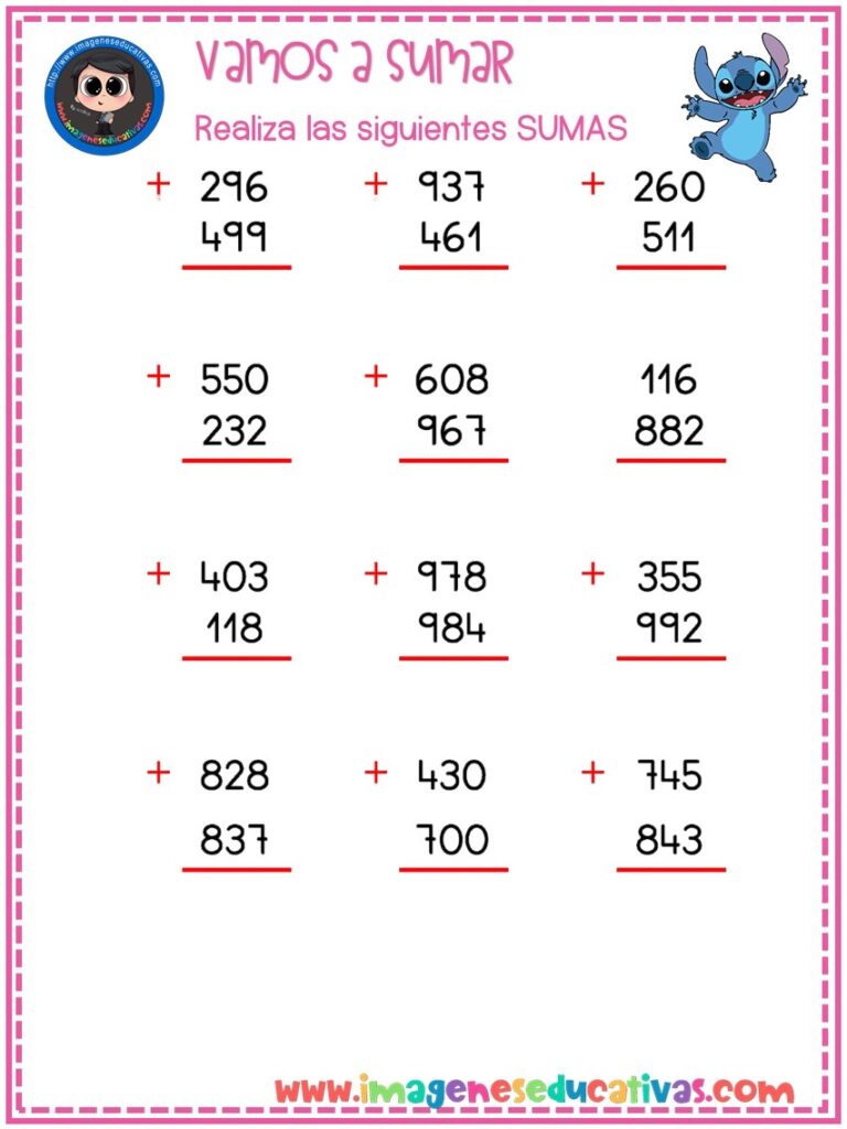 Cuadernillo de sumas lilo y stitch TRES CIFRAS - Imagenes Educativas