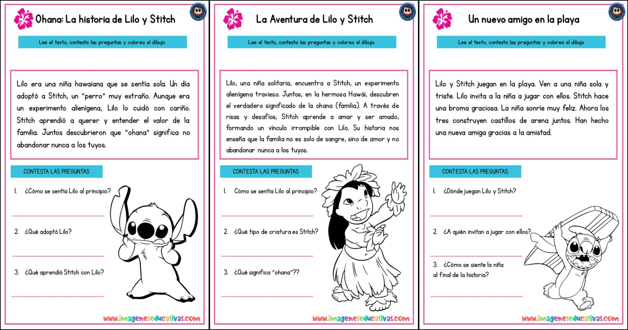 Ejercicios de comprensión lectora con Lilo y Stitch - Imagenes Educativas