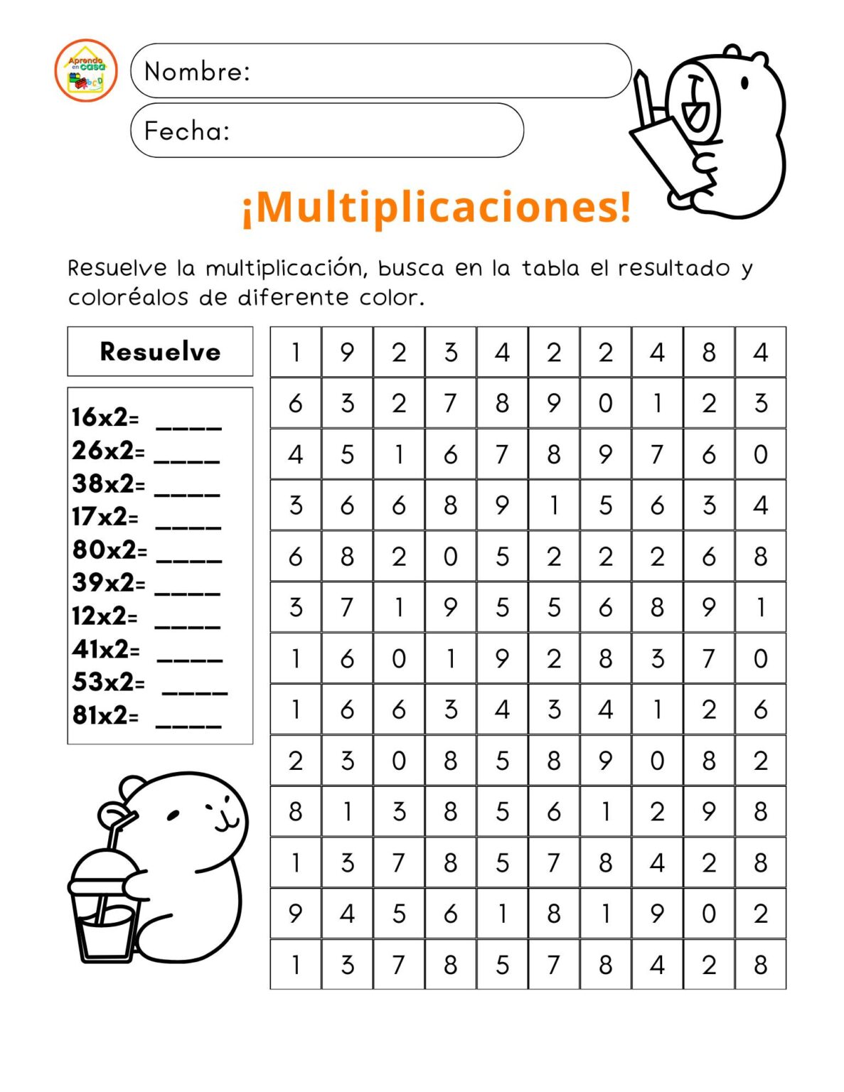 Ejercicios de Multiplicaciones con Capibaras para Imprimir en PDF - Imagenes Educativas