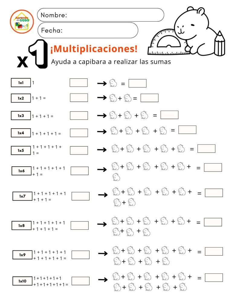 Ejercicios de Multiplicaciones con Capibaras para Imprimir en PDF - Imagenes Educativas
