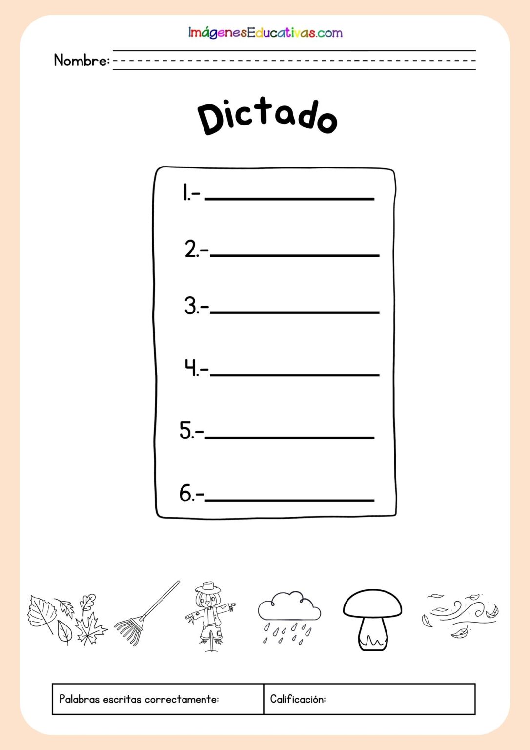 Hojas de dictado de palabras con temática de otoño - Imagenes Educativas