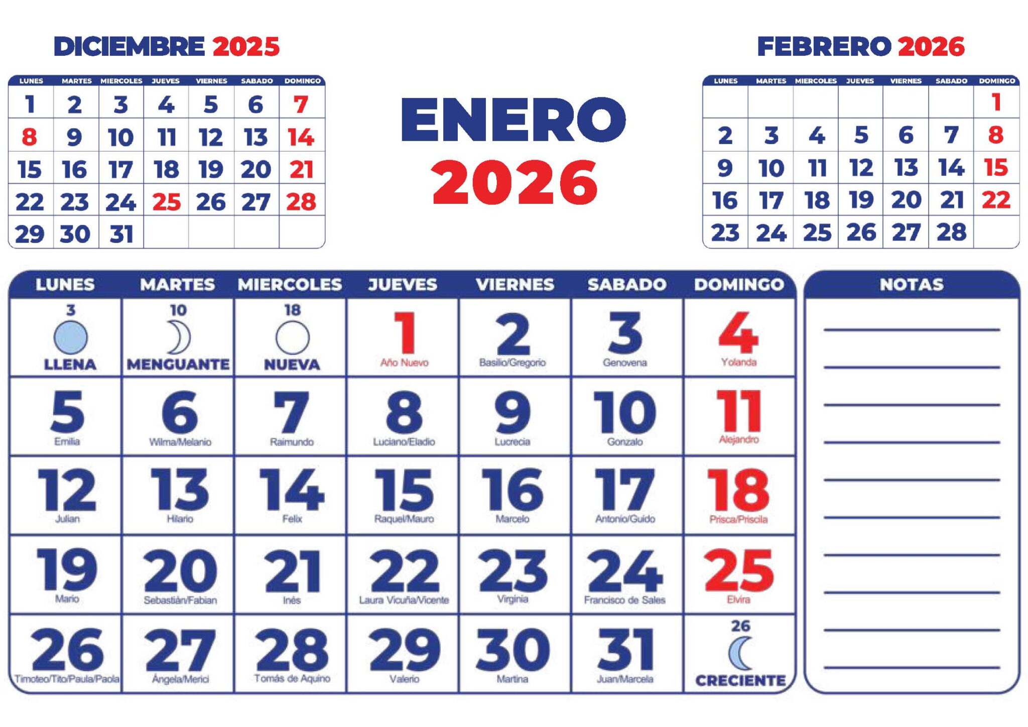Calendario 2026 santoral y fases de la Luna - Imagenes Educativas