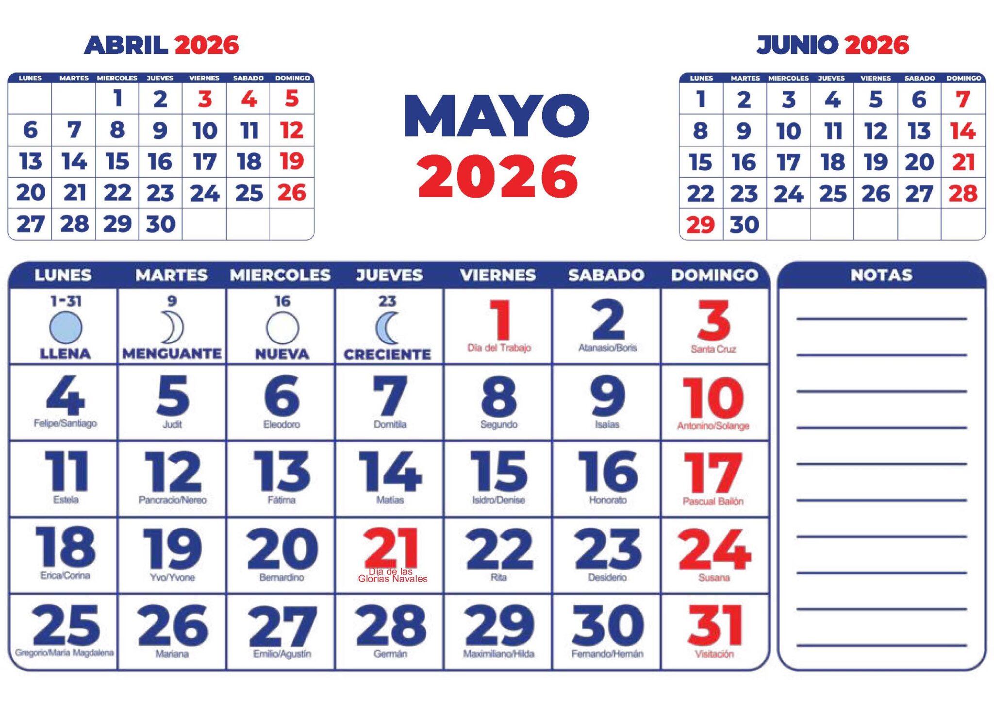 Calendario 2026 Santoral Y Fases De La Luna Imagenes Educativas