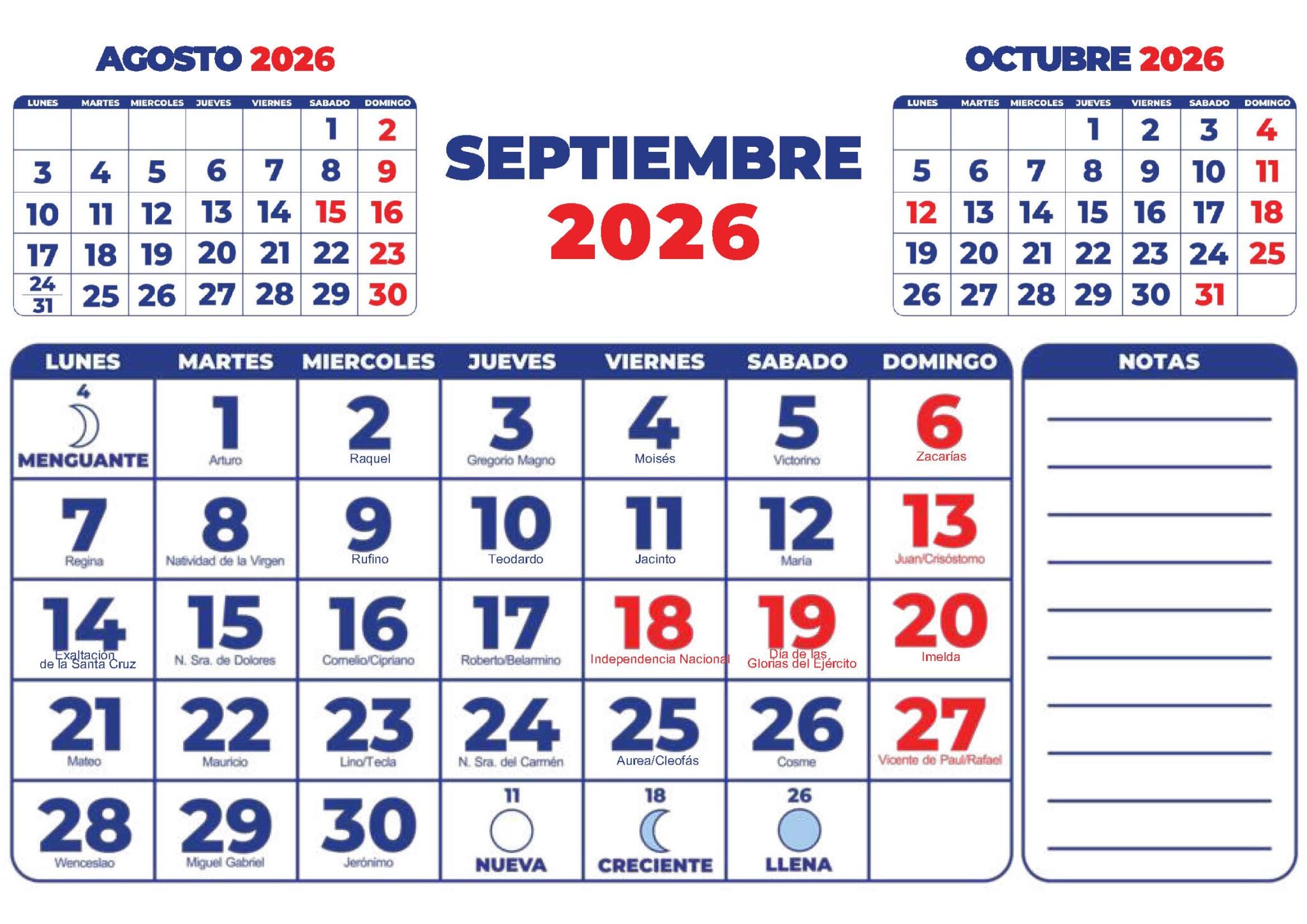 Calendario 2026 santoral y fases de la Luna - Imagenes Educativas