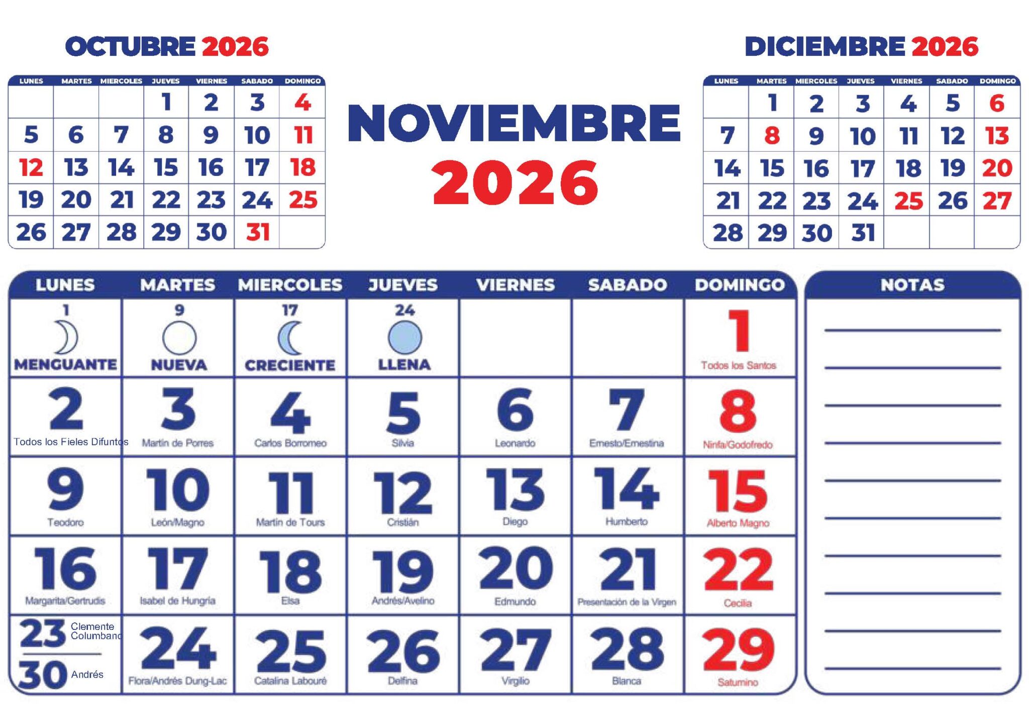 Calendario 2026 santoral y fases de la Luna - Imagenes Educativas