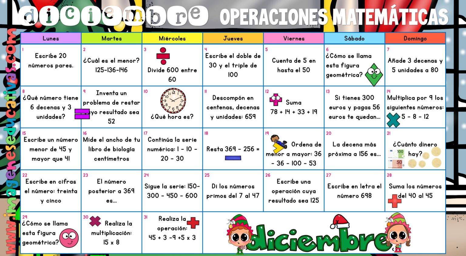 Calendario operaciones matemáticas Diciembre de 2025 - Imagenes Educativas