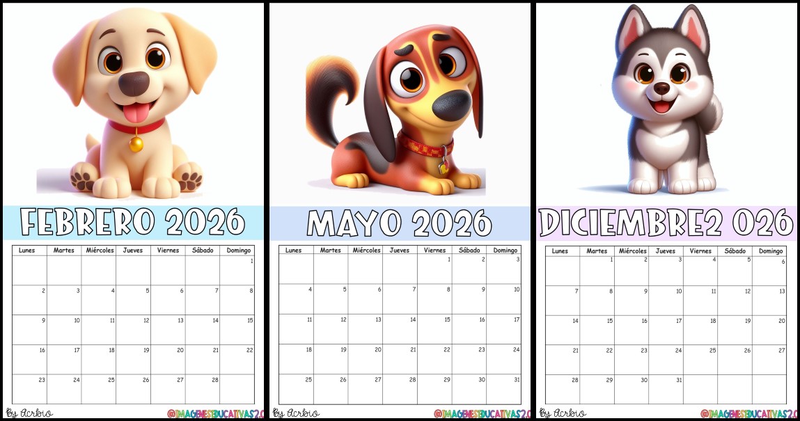 Calendario Perritos 2026 Gratis para imprimir en PDF - Imagenes Educativas