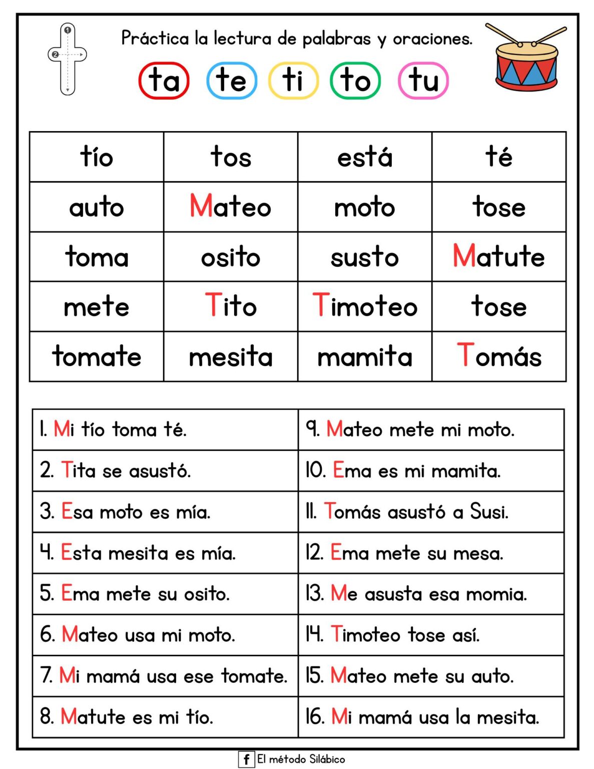 Hojas de lectura de palabras y oraciones Parte 1. M, S, T, L, R, P (3 ...