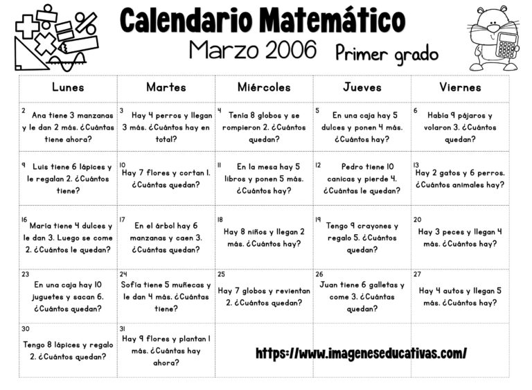 Calendario matemático del mes de Marzo 1º y 2º Grado. - Imagenes Educativas