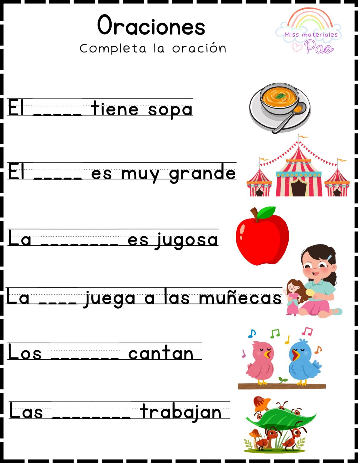 Fichas de oraciones para niños en PDF refuerza la comprensión lectora ...
