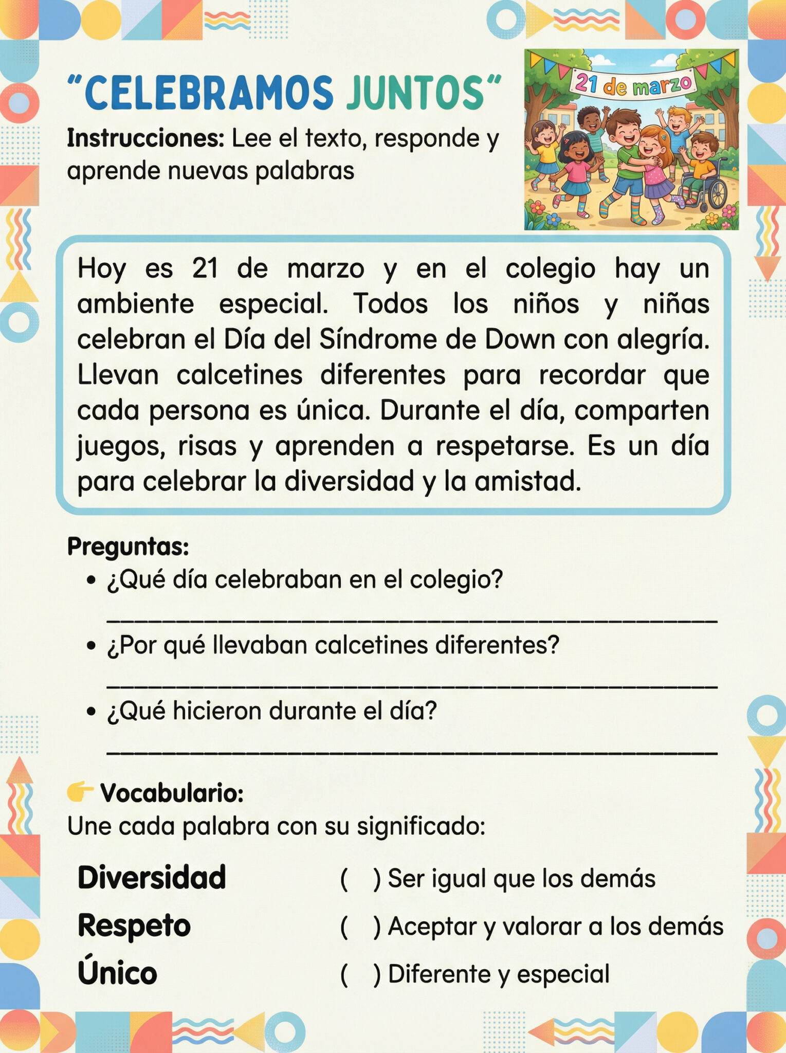 Lecturas cortas de Comprensión 21 de marzo Día Mundial del Síndrome de ...