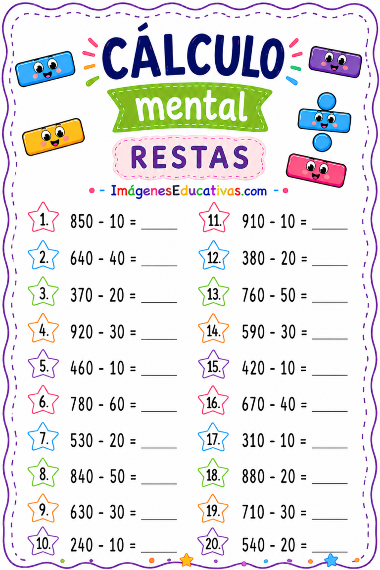 Hojas de cálculo mental restas - Imagenes Educativas
